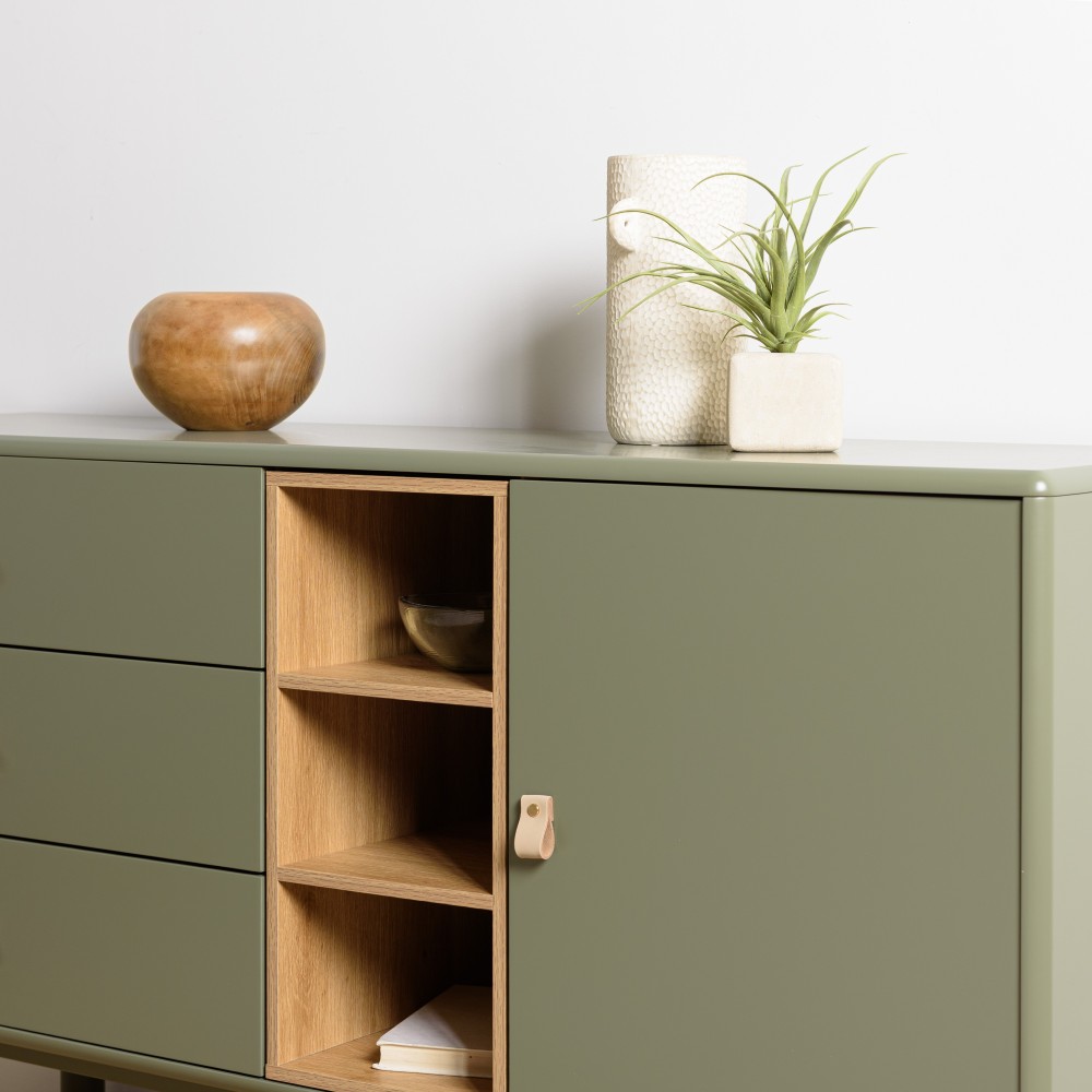 Green sideboard with 1 door, 3 drawers and 3 compartments in natural ...